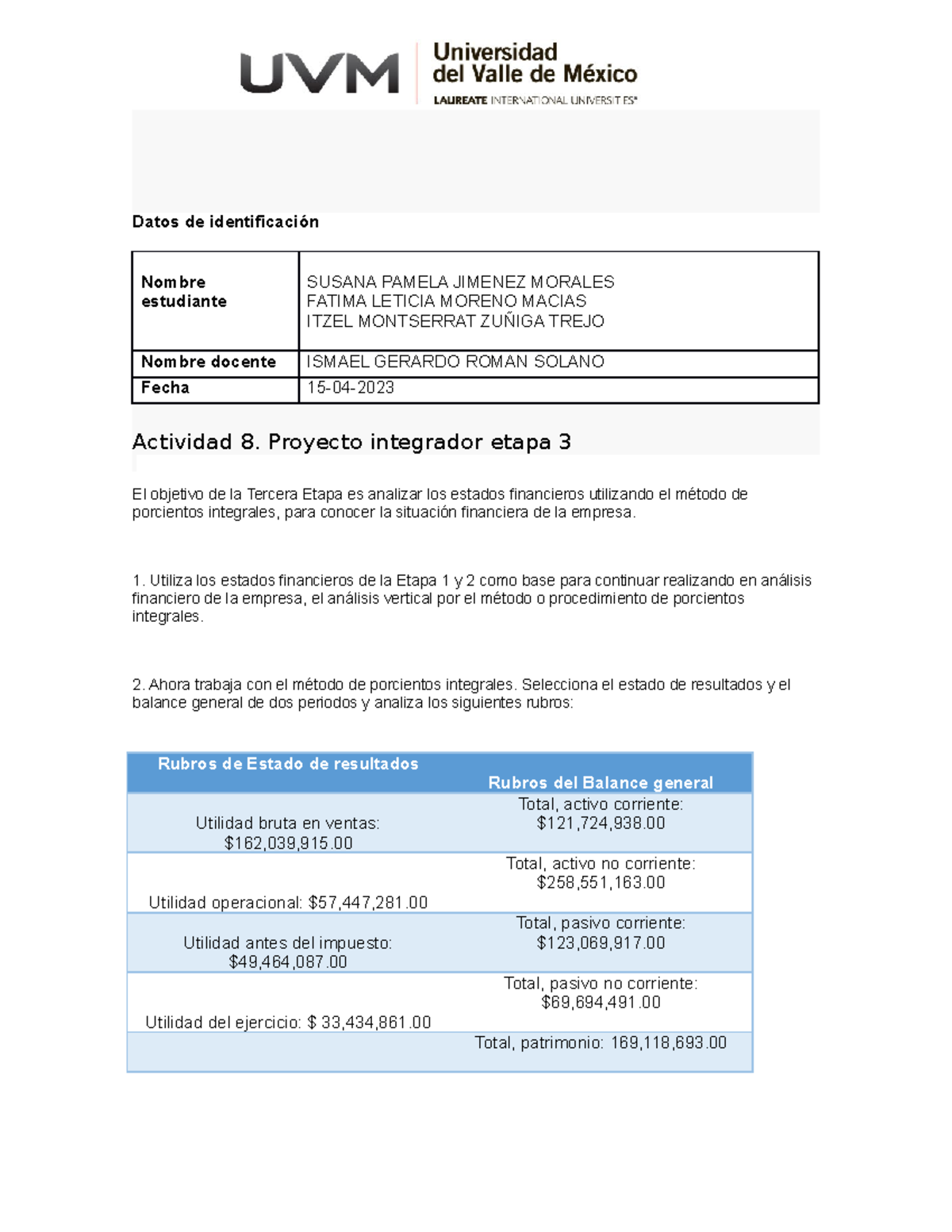 A8#B10 - actividad 8. Proyecto integrador etapa 3 - Datos de identificación Nombre estudiante ...