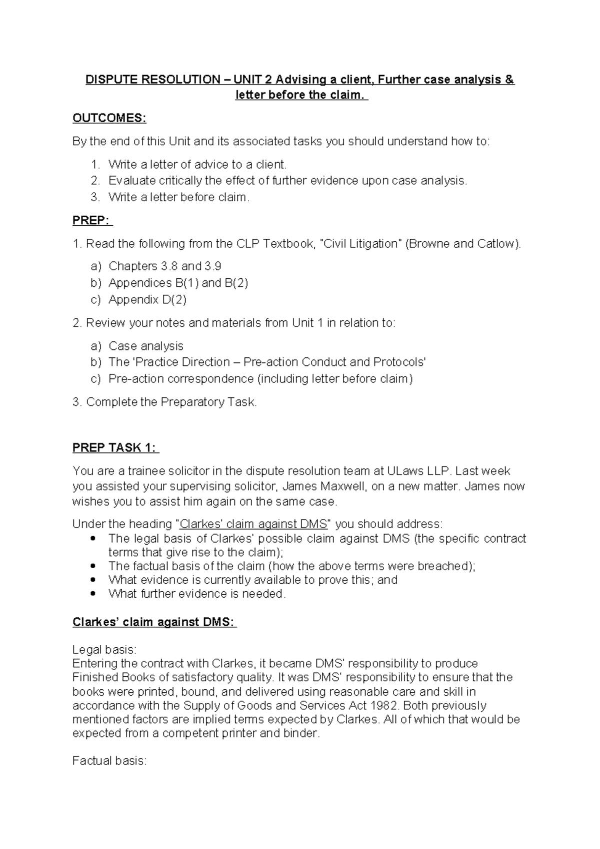 DR UNIT 2 Advising Clients CASE Analysis Letter Before THE Claim ...