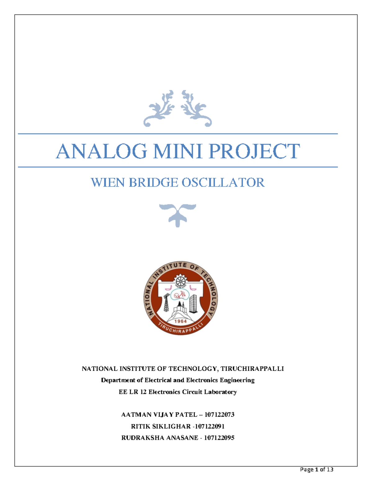 Analog mini project - bmg, - ANALOG MINI PROJECT WIEN BRIDGE OSCILLATOR ...