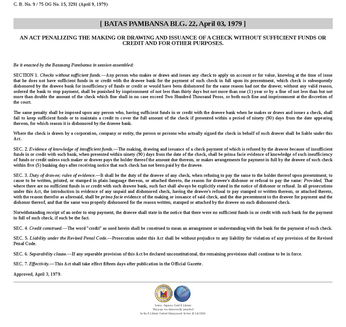 Bp22 - rfbt - C. B. No. 9 / 75 OG No. 15, 3291 (April 9, 1979) [ BATAS ...