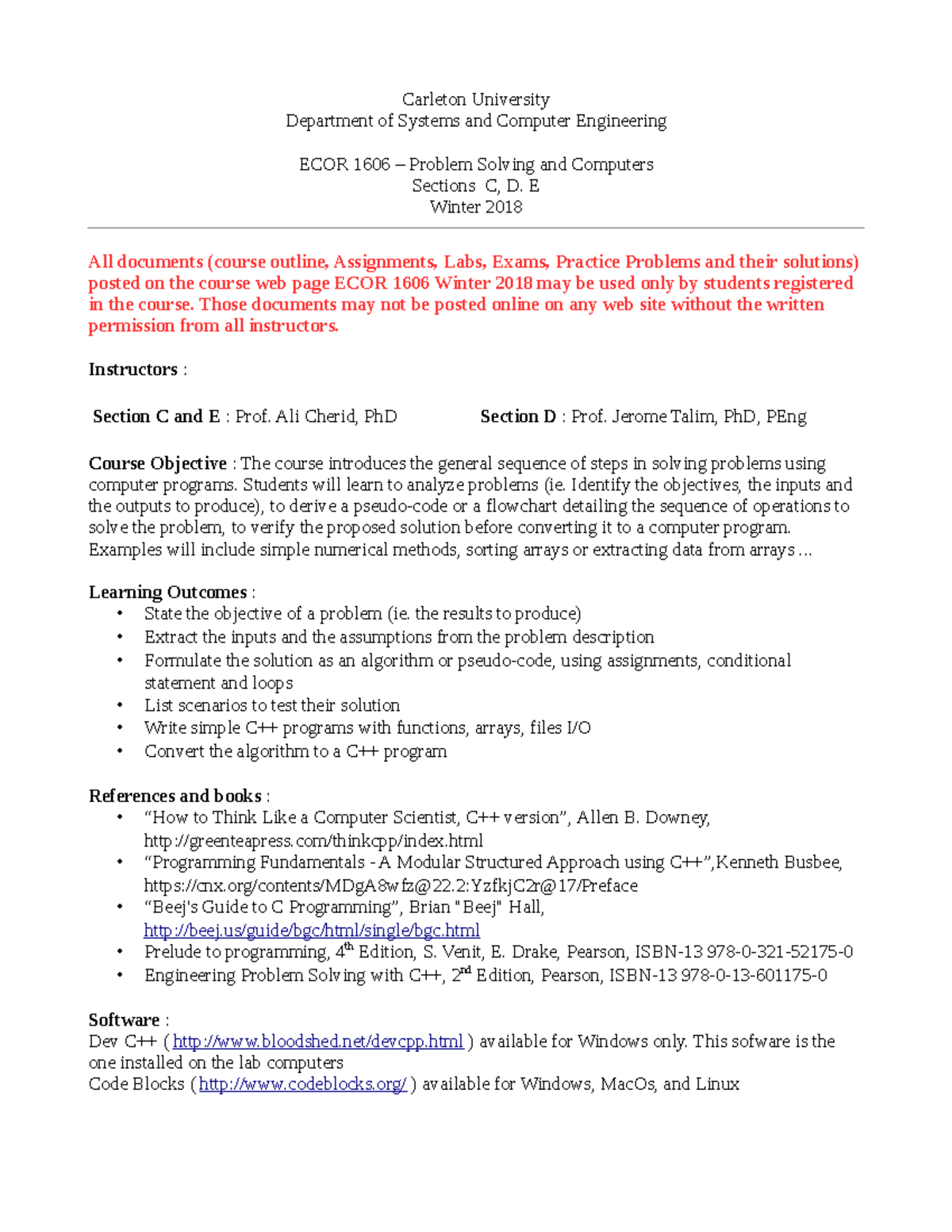 ECOR1606 - Outlining course - Carleton University Department of Systems and Computer Engineering ...