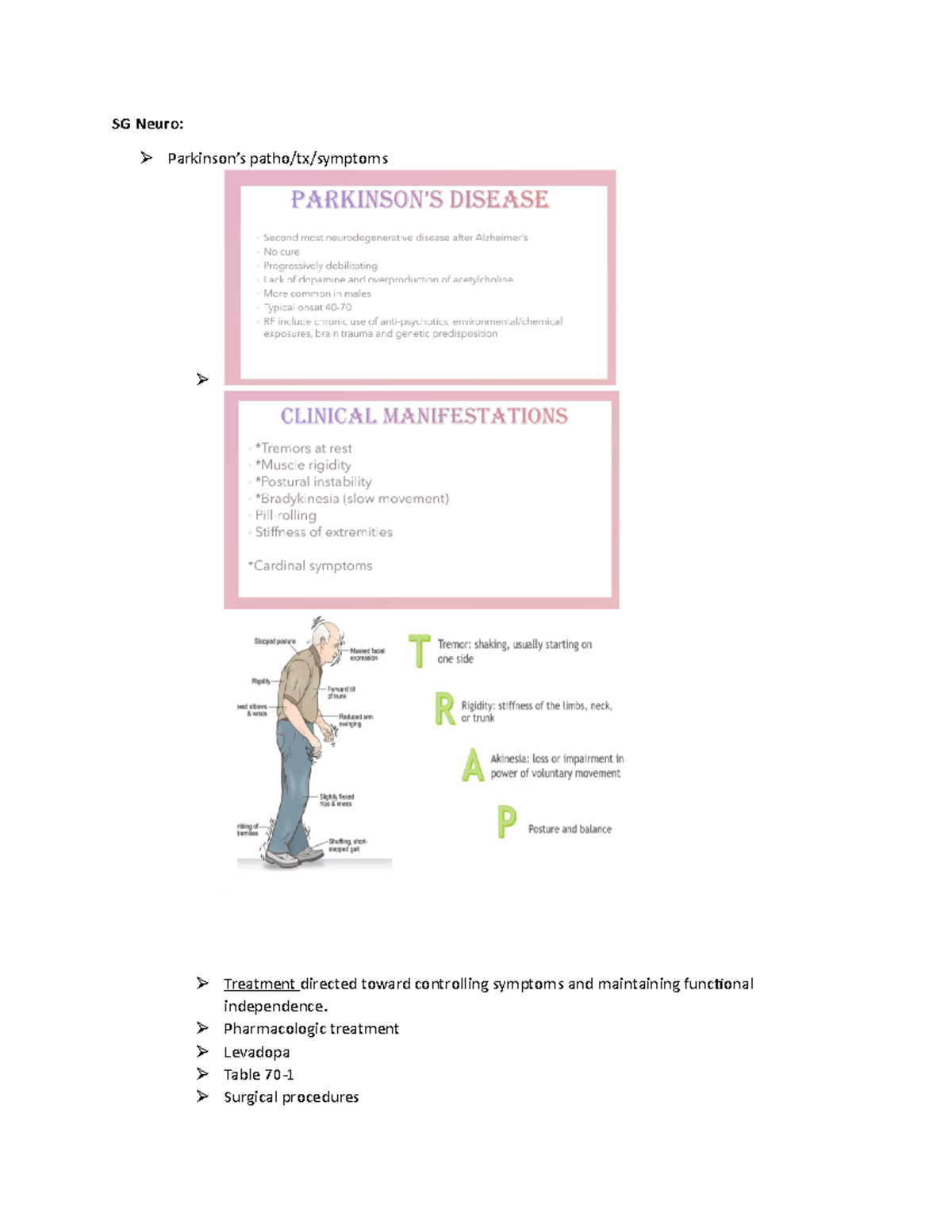 SG - study guide - SG Neuro: Parkinson’s patho/tx/symptoms Treatment ...