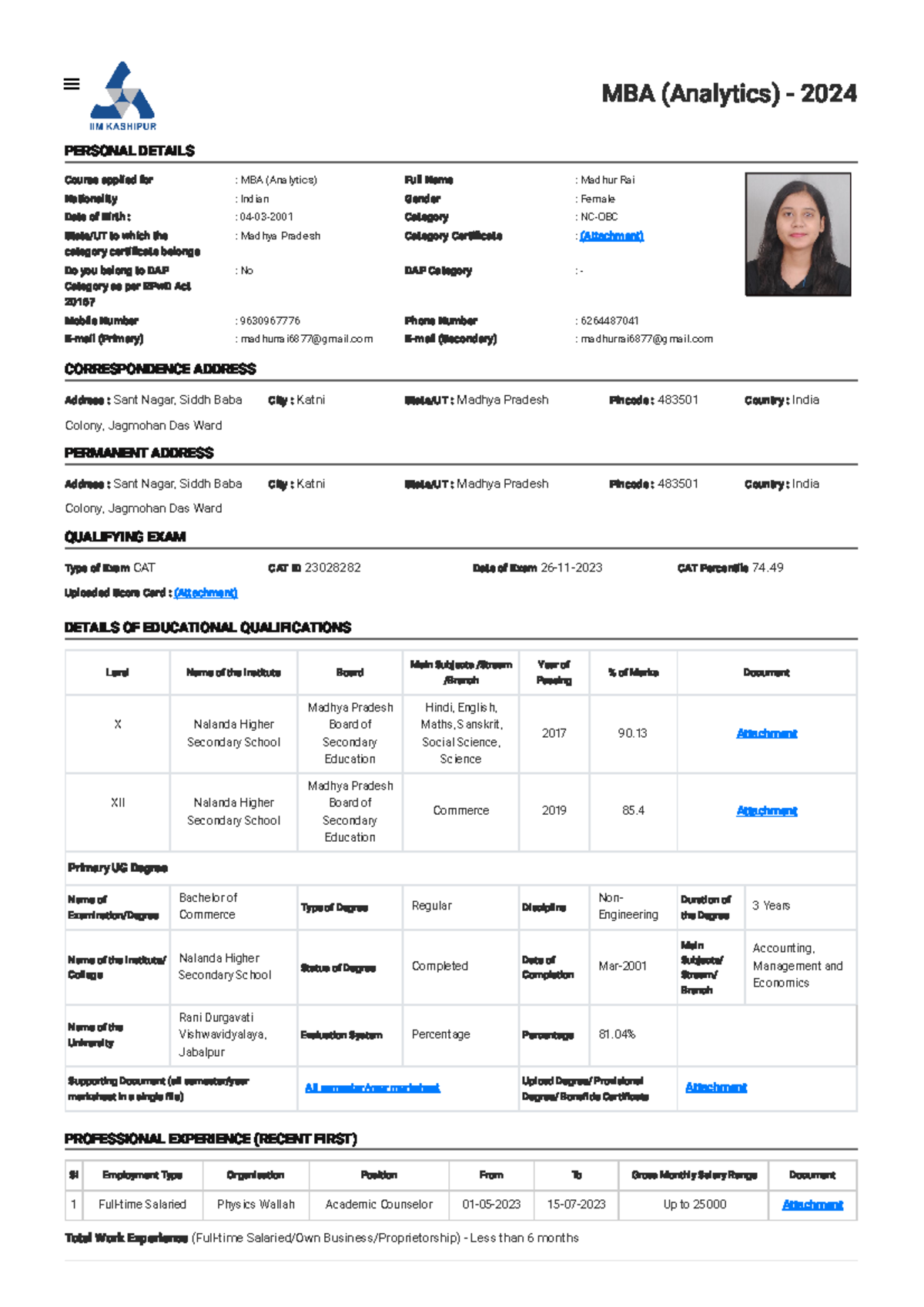 MBA (Analytics) Admission - 2024 Registration Form - CORRESPONDENCE ADDRESS PERMANENT ADDRESS ...