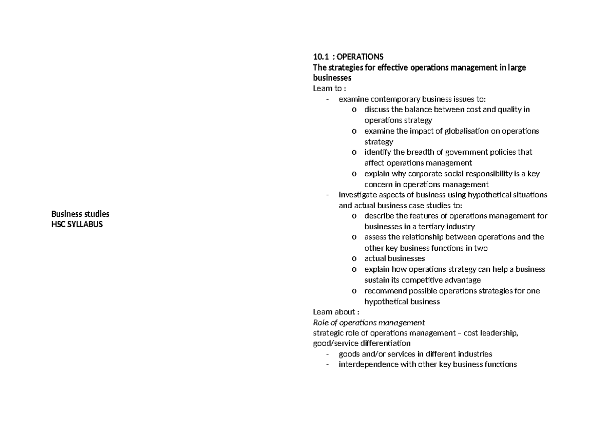 Year 11-12 Business Studies Syllabus - Business studies HSC SYLLABUS 10 ...