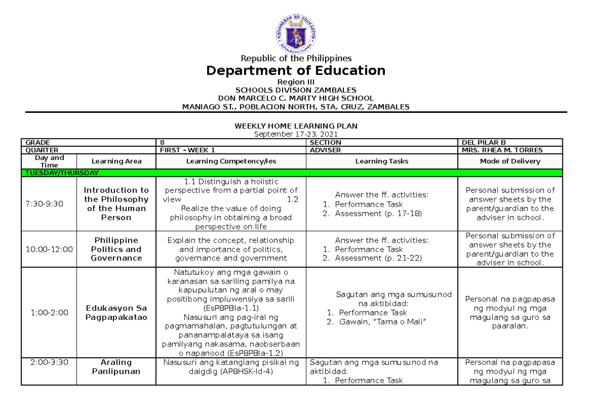 Weekly HOME Learning PLAN - Republic of the Philippines Department of ...