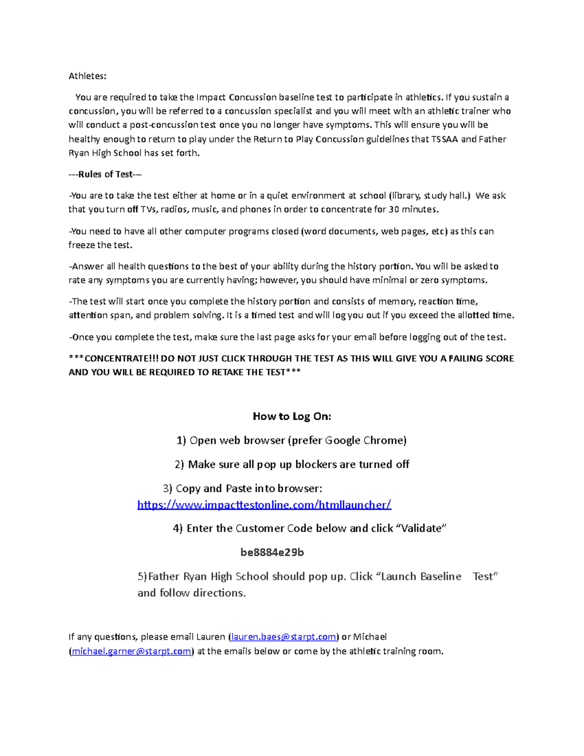 Impact Concussion Instructions - Athletes: You are required to take the ...