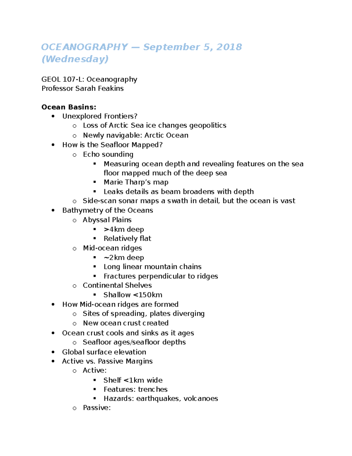 GEOL 107 9.5.18 - OCEANOGRAPHY — September 5, 2018 (Wednesday) GEOL 107 ...