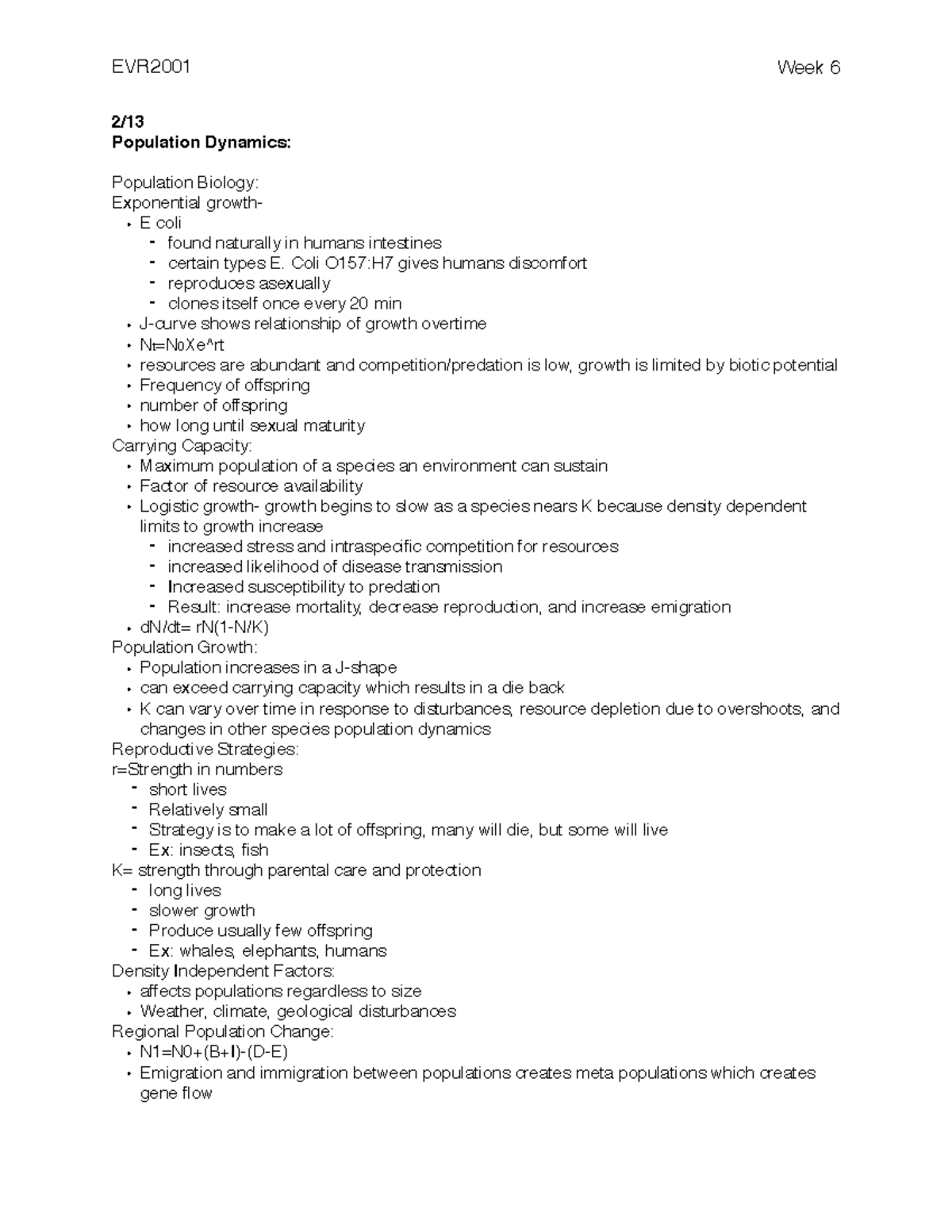 Week 6 Notes - EVR2001 Week 6 2/13 Population Dynamics: Population ...