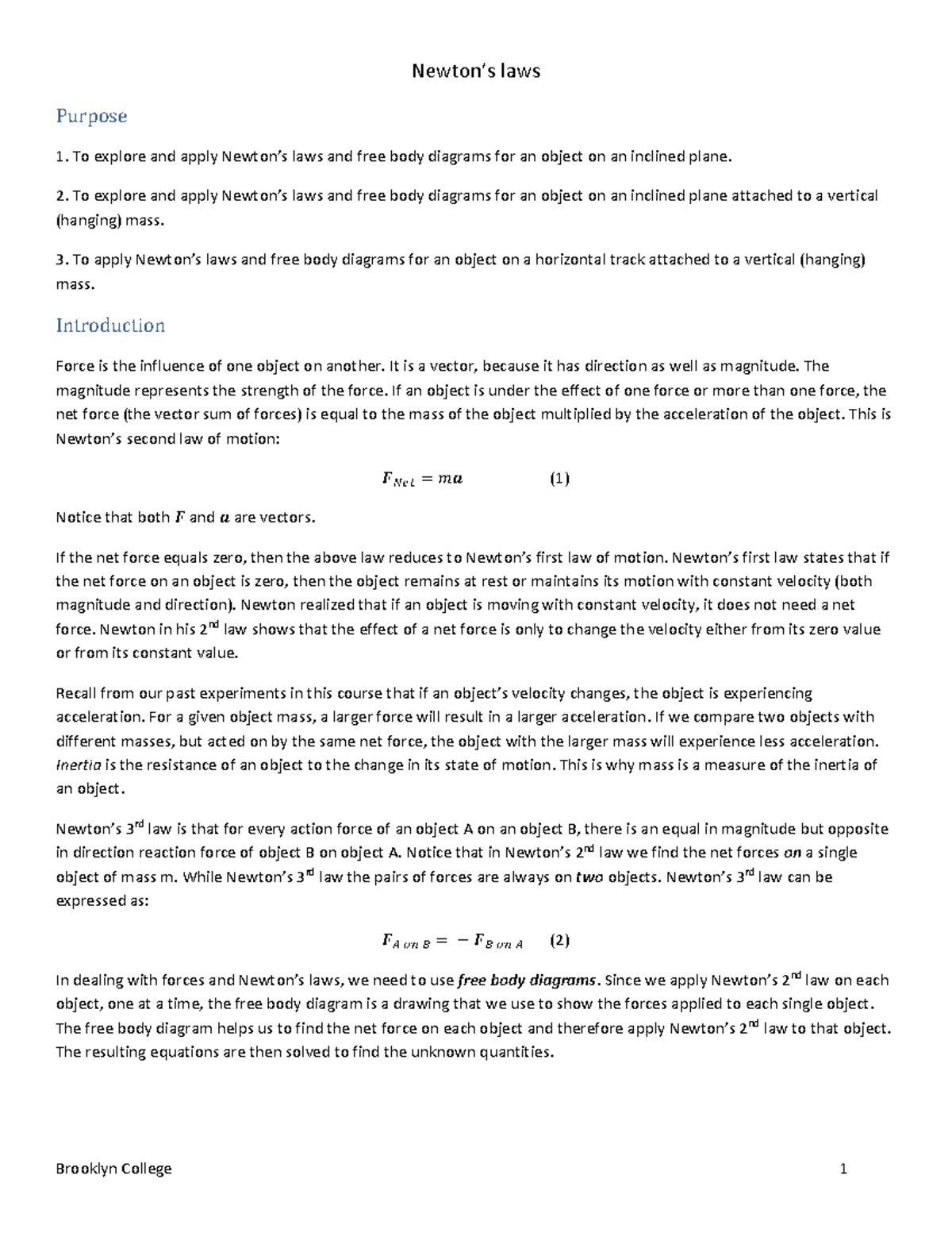 Lab 5 Newton's Laws - Lab 5 manual - Newton’s laws Purpose To explore ...