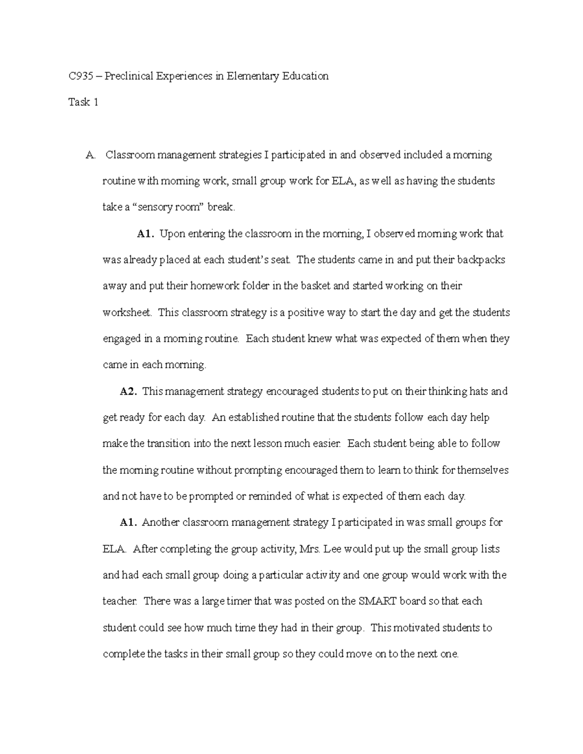 Task 1 Preclinical Experience - C935 Preclinical Experiences in ...