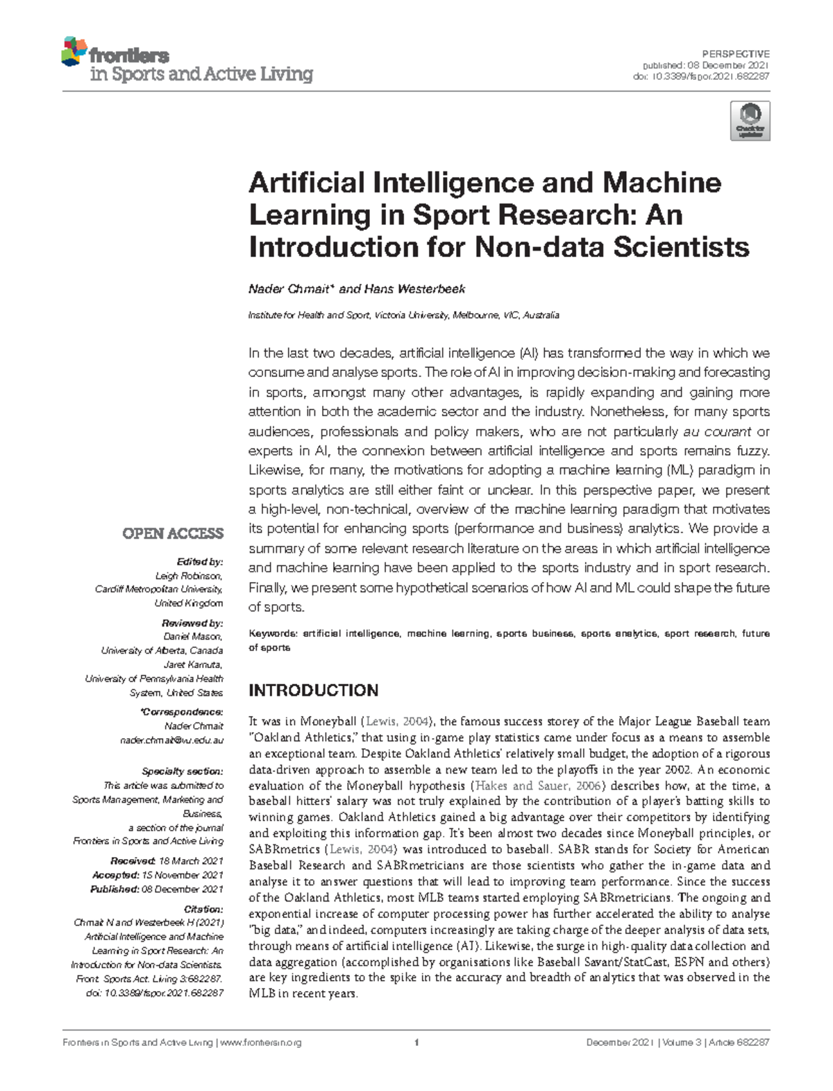 Artificial Intelligence and Machine Learning in Sp - PERSPECTIVE ...