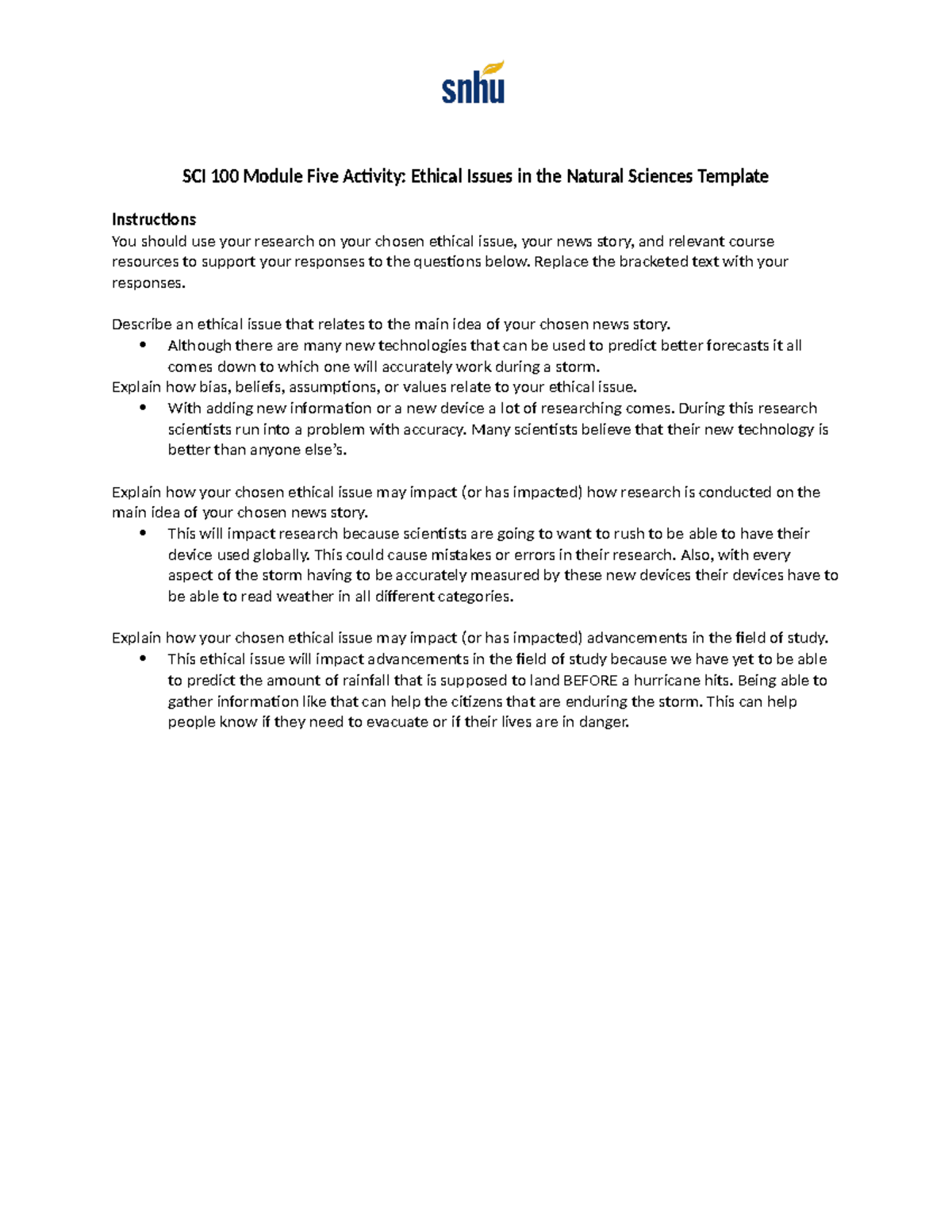 Module 5 nat science - SCI 100 Module Five Activity: Ethical Issues in ...