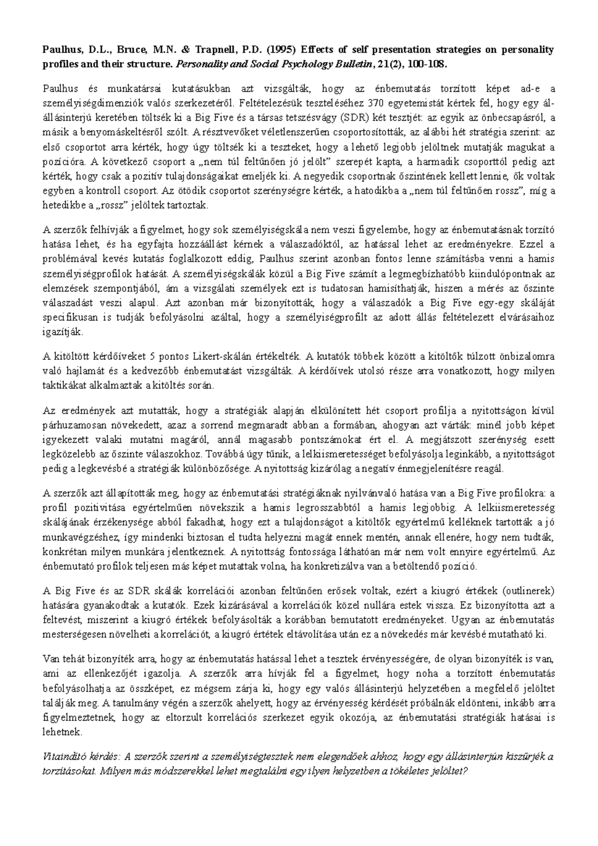 Annotált Paulhus - Lecture notes 2 - Paulhus, D., Bruce, M. & Trapnell ...