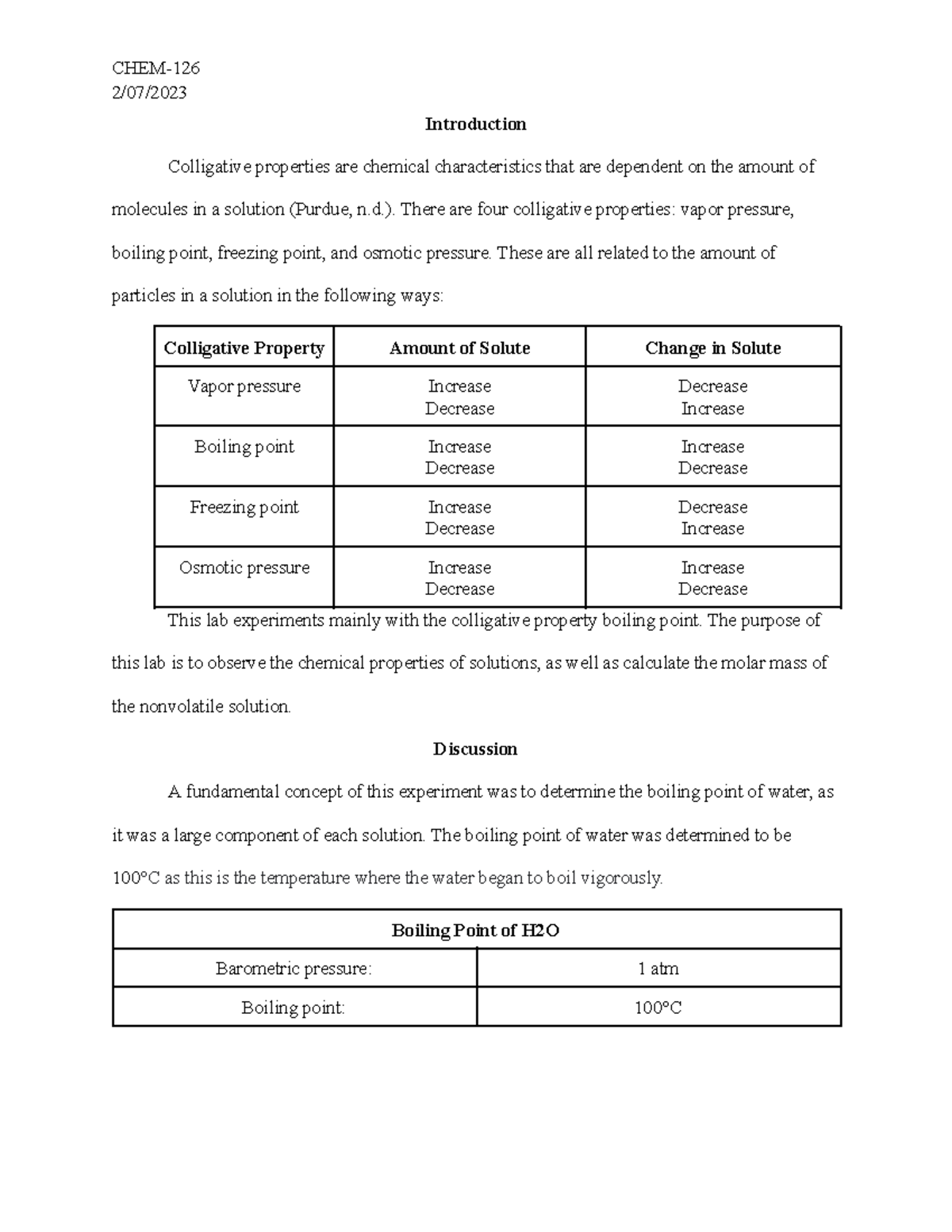 Chem 126-Lab 3 - colligative properties lab - CHEM- 2/07/ Introduction ...