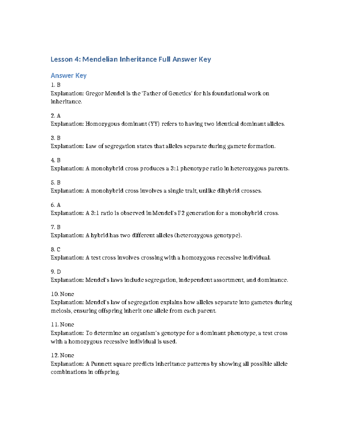 Lesson 4 practice question plus Answers - Lesson 4: Mendelian Inheritance Full Answer Key Answer ...