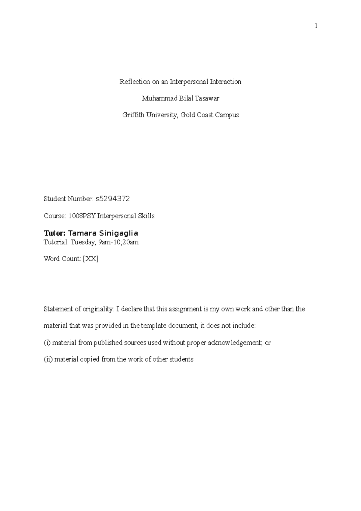 1008PSY Assignment Template 2022 - Reflection on an Interpersonal ...