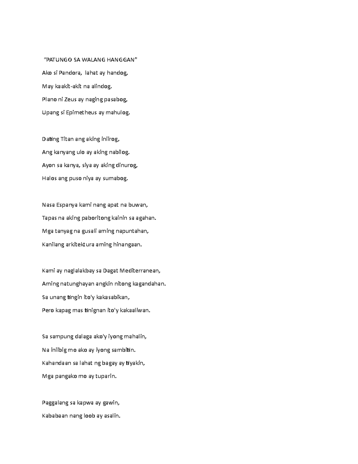 TULA - Poem - “PATUNGO SA WALANG HANGGAN” Ako si Pandora, lahat ay ...