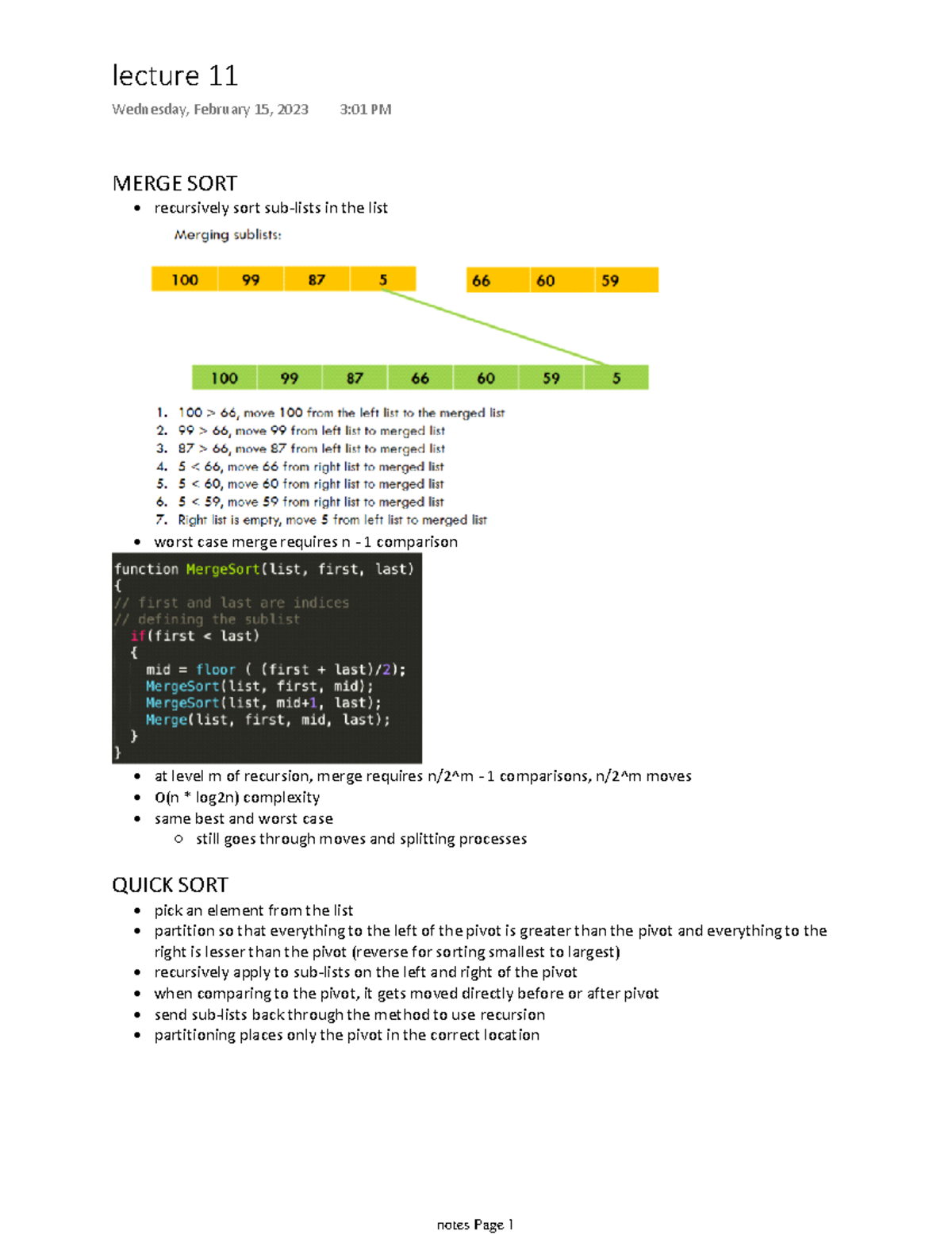 Lecture 11 Lect11 Merge Sort Recursively Sort Sub Lists In The List Worst Case Merge 2817