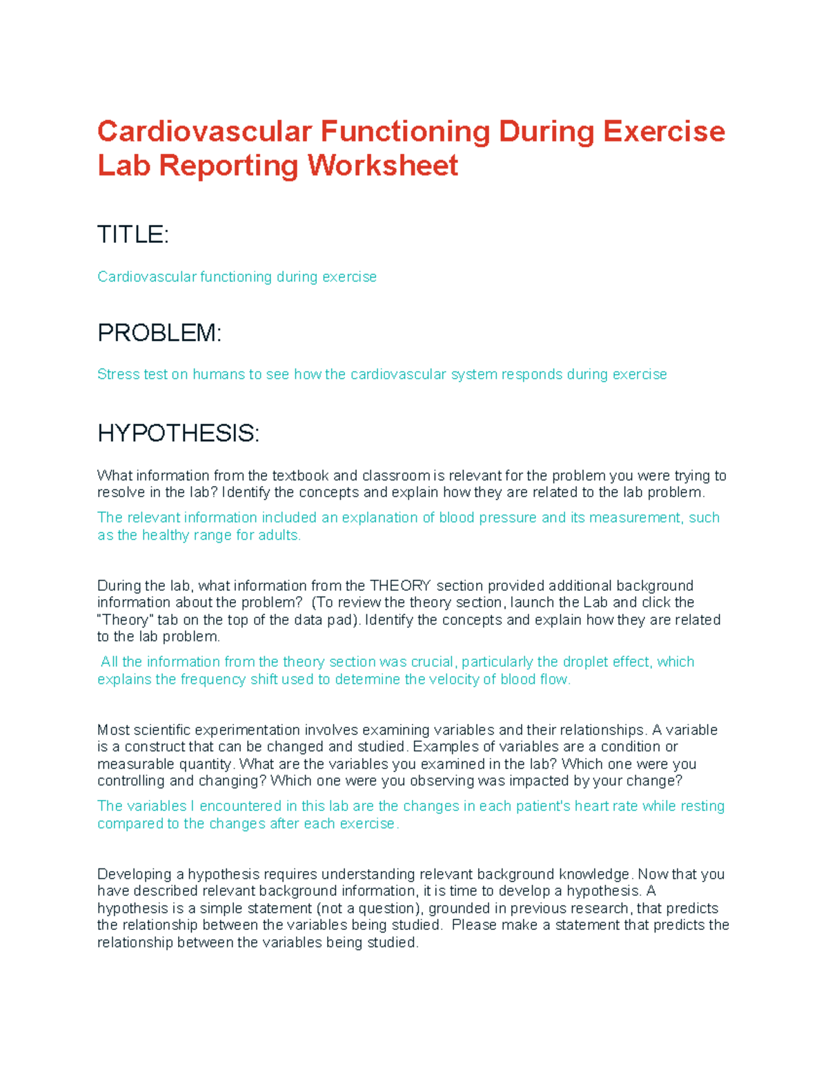 Week 2 Lab - Cardiovascular Functioning During Exercise - Cardiovascular Functioning During ...