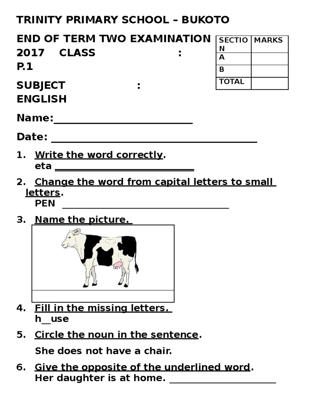 P.1 English - THIS PRIMARY ONE WORK - TRINITY PRIMARY SCHOOL – BUKOTO ...