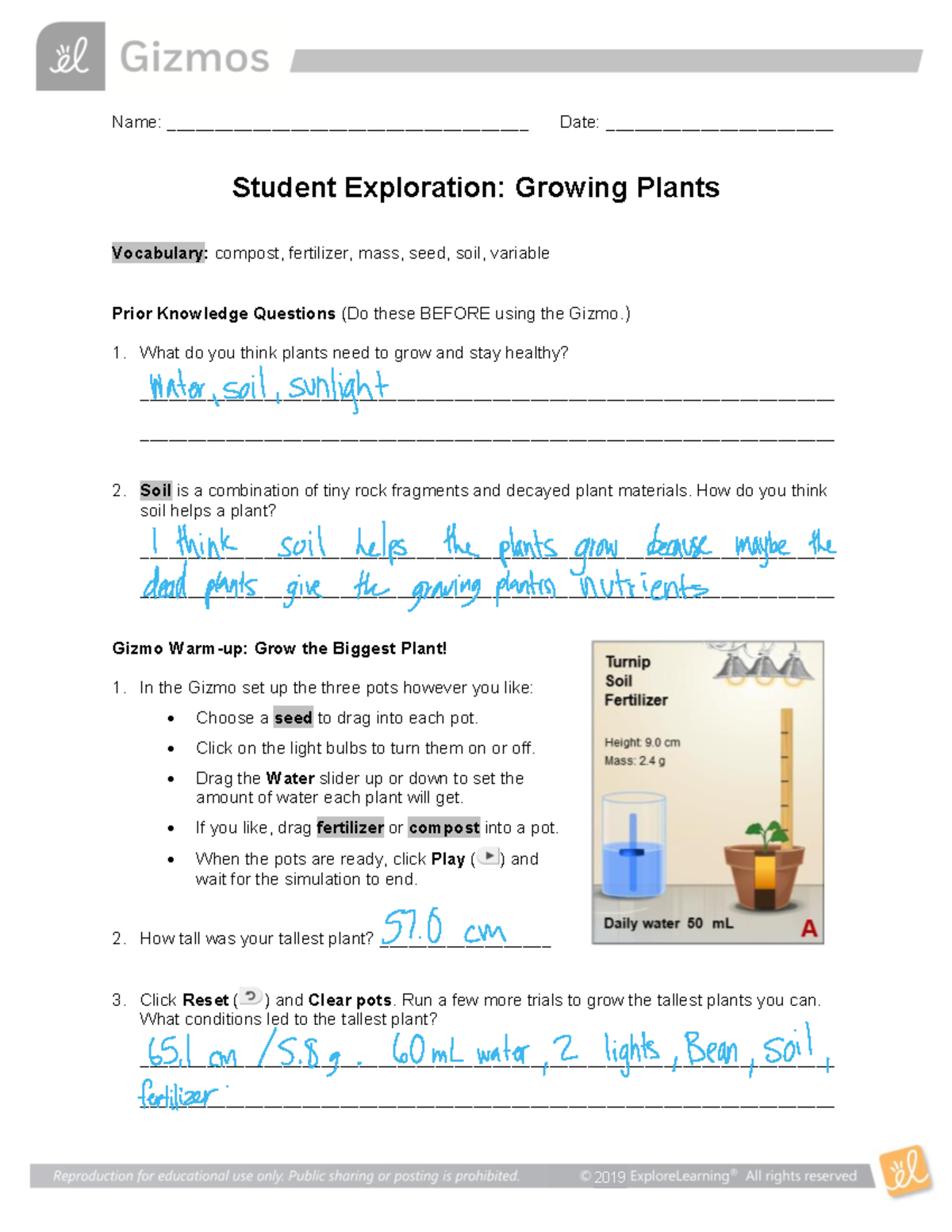Growing Plants Gizmo Worksheets Name 