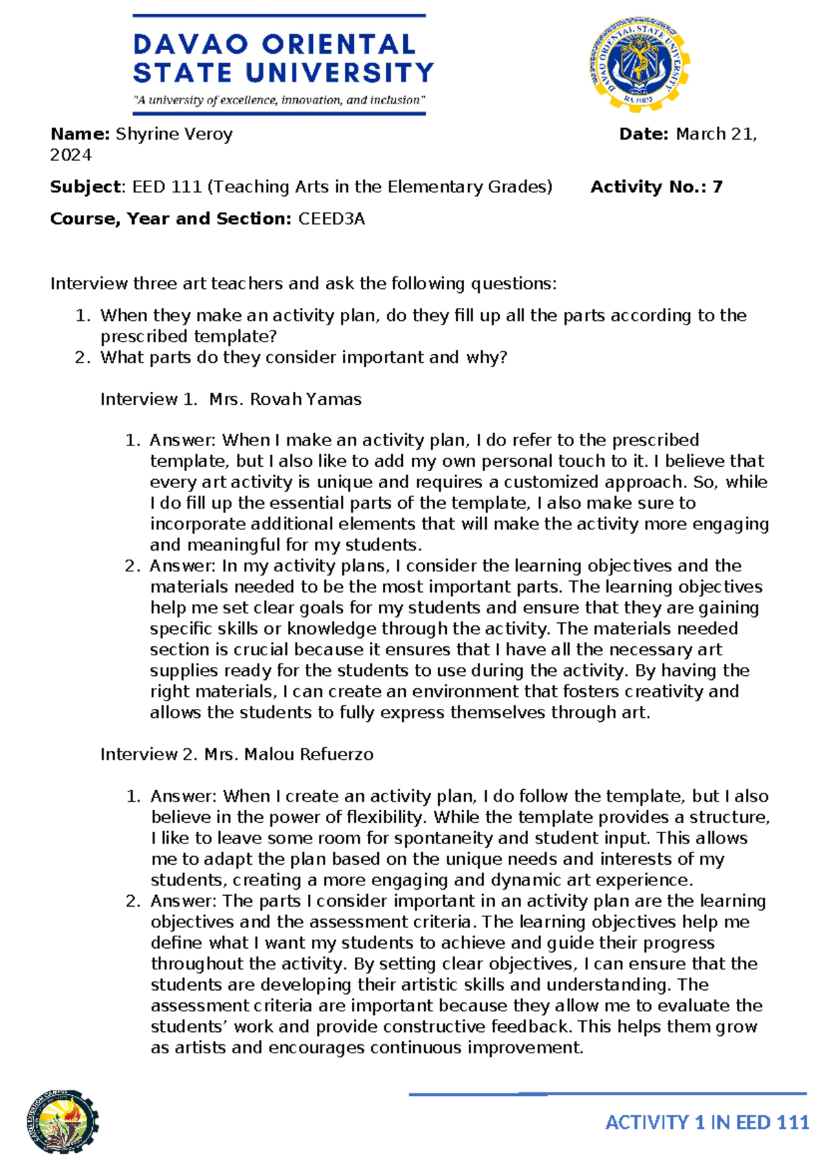 Arts (activity 7) final - Name: Shyrine Veroy Date: March 21, 2024 ...