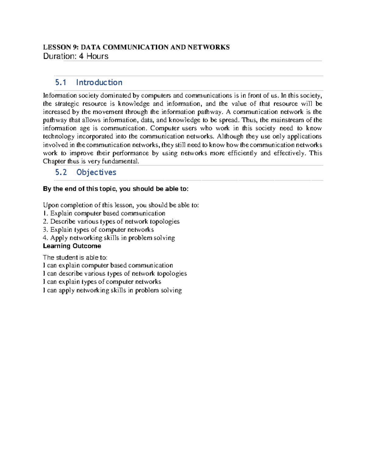 Lesson 9 Data Communication Networks Notes Lesson 9 Data