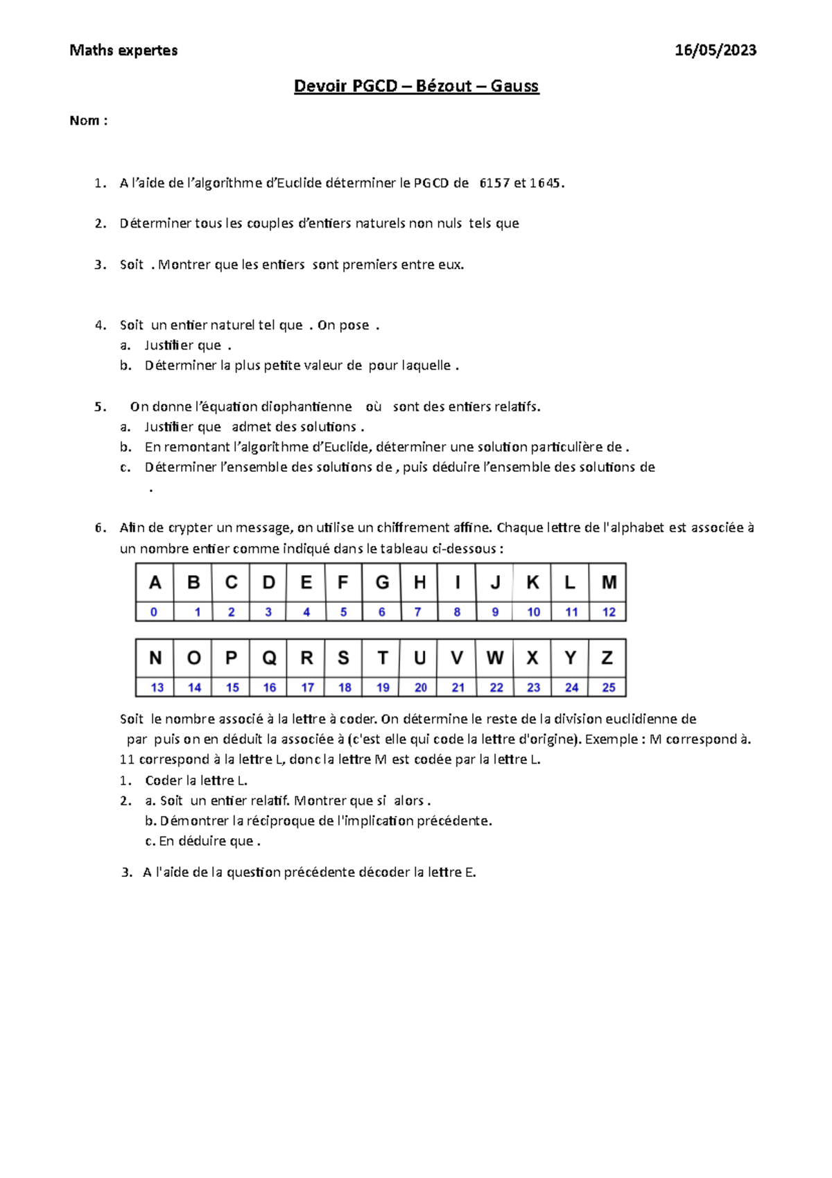Devoirs Maths expertes Bezout-Gauss - Maths expertes 16/05/ Devoir PGCD ...