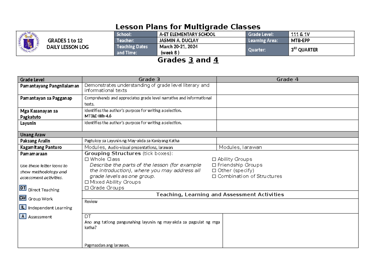 MTB-EPP-Q3- W8 - Lesson Plans for Multigrade Classes GRADES 1 to 12 ...
