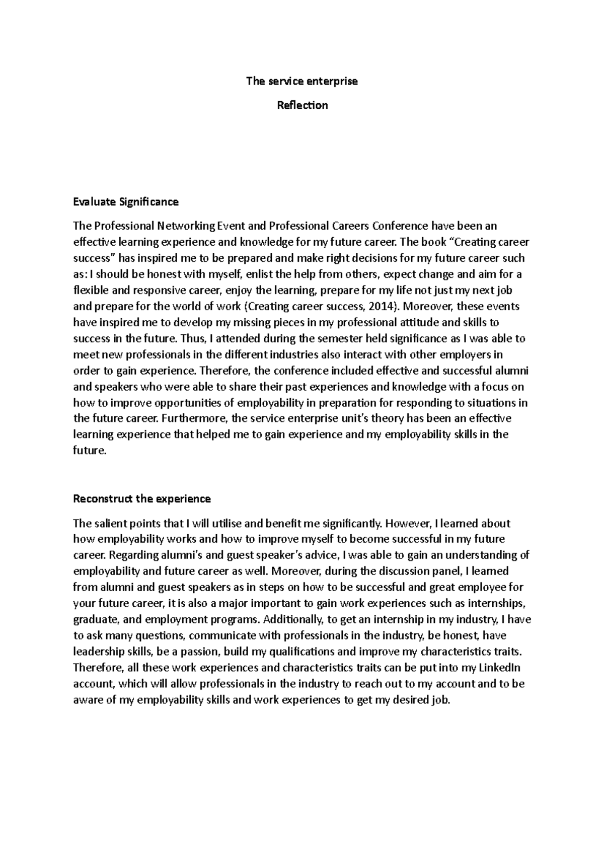 Service- Reflection - The service enterprise Relecion Evaluate ...