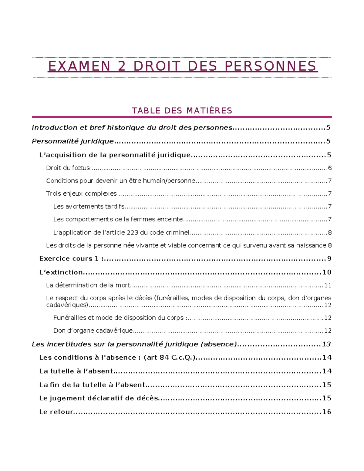 Droit Des Personnes Note De Cours E X A M E N 2 D R O I T D E S P E