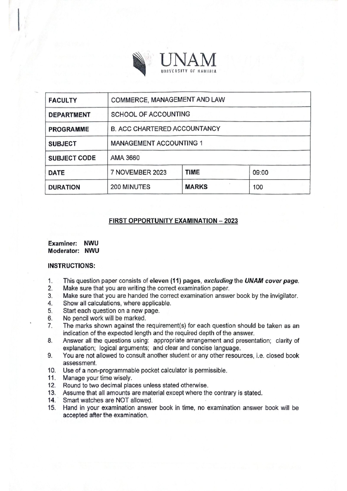 MA 1st opp 2023 - past exam paper - UNAM UNIVERSITY OF NAMIBIA FACULTY ...