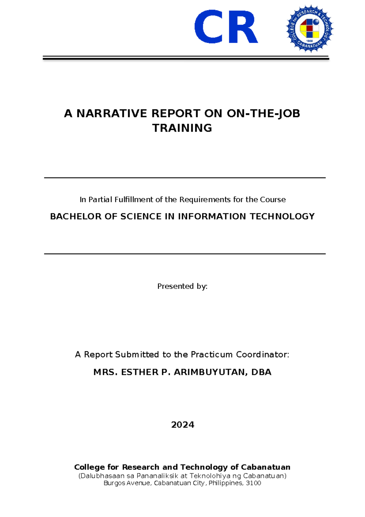 Front cover - hospitality management - CR T A NARRATIVE REPORT ON ON ...