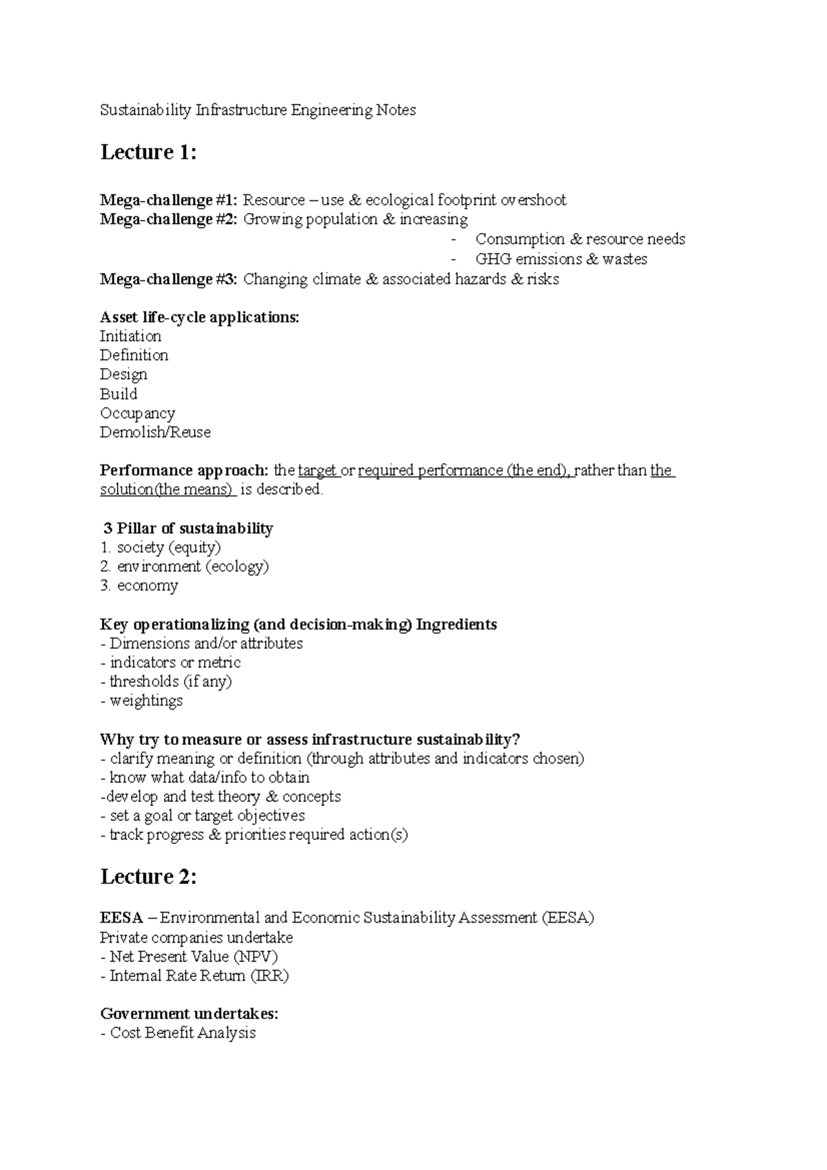 SIE Final EXAM notes - Sustainability Infrastructure Engineering Notes ...
