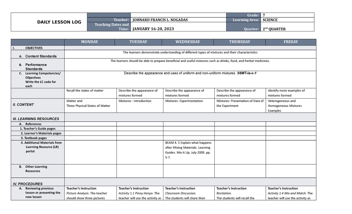 DLL Science mixture W1 - DAILY LESSON LOG Grade: 7 Teacher: JOHNARD ...