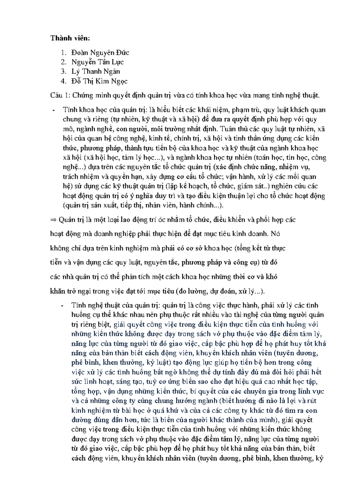 Quản trị học - BT nhóm - No - Thành viên: 1. Đoàn Nguyên Đức 2. Nguyễn Tấn Lực 3. Lý Thanh Ngân ...