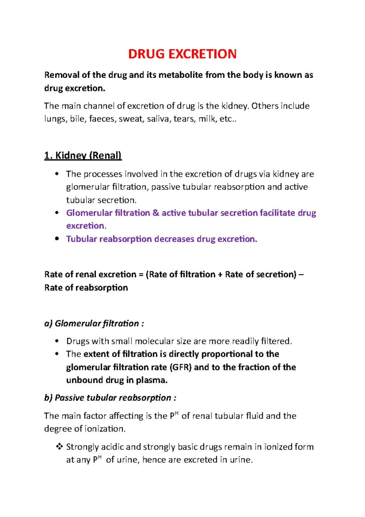 DRUG Excretion - Lecture Notes - DRUG EXCRETION Removal of the drug and ...