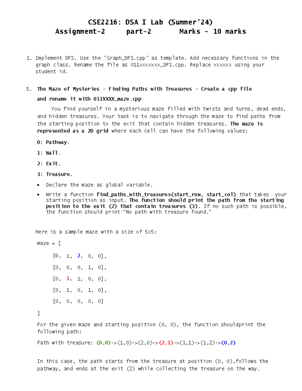 Assignment 2 - sda - CSE2216: DSA I Lab (Summer’24) Assignment-2 part-2 Marks – 10 marks ...