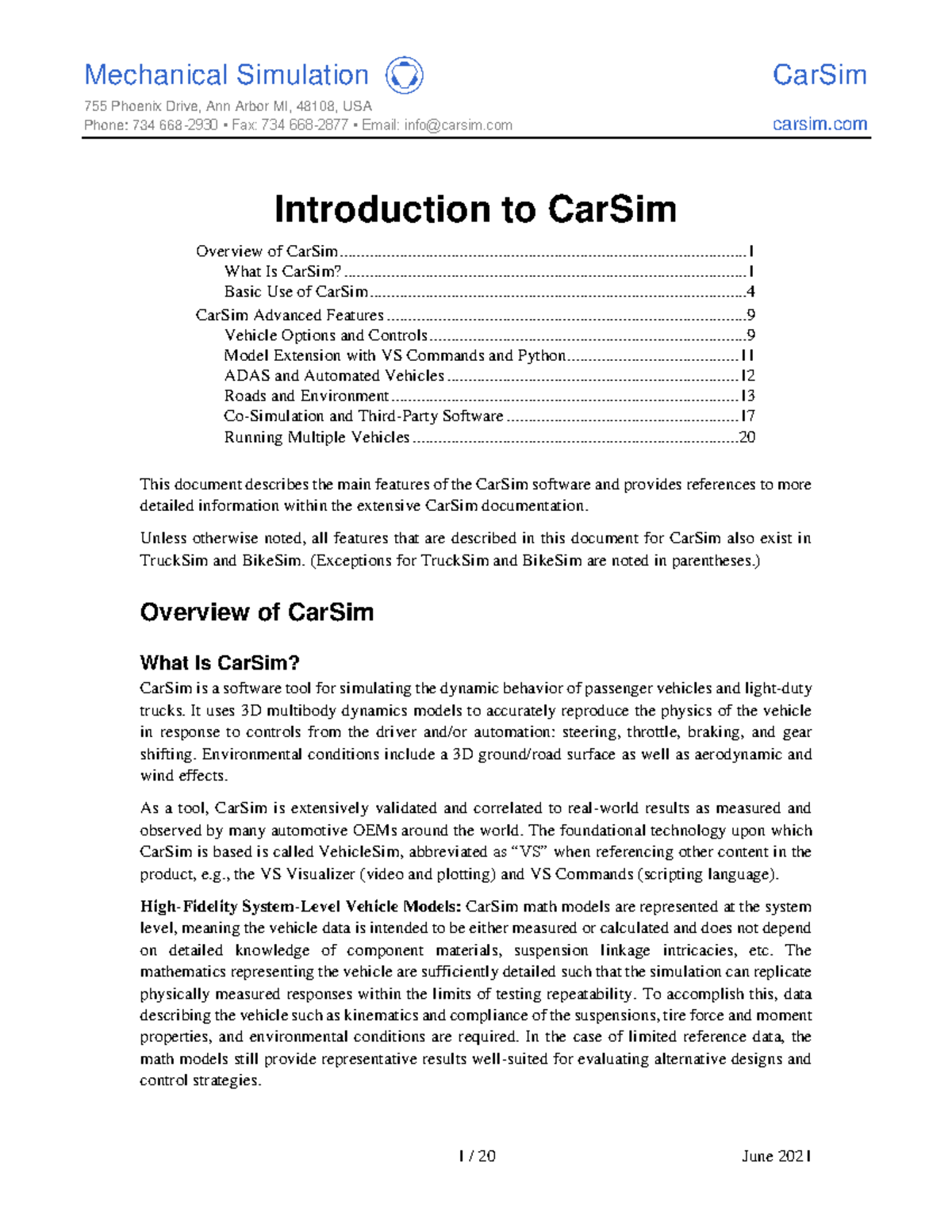 Car Sim Introduction - Mechanical Simulation CarSim 755 Phoenix Drive ...