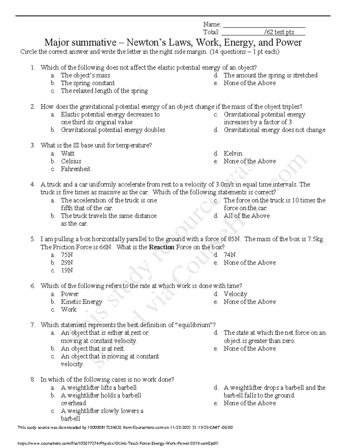 Physics 10Unit Test 3 Force Energy Work Power 2019 sem2 - biology ...