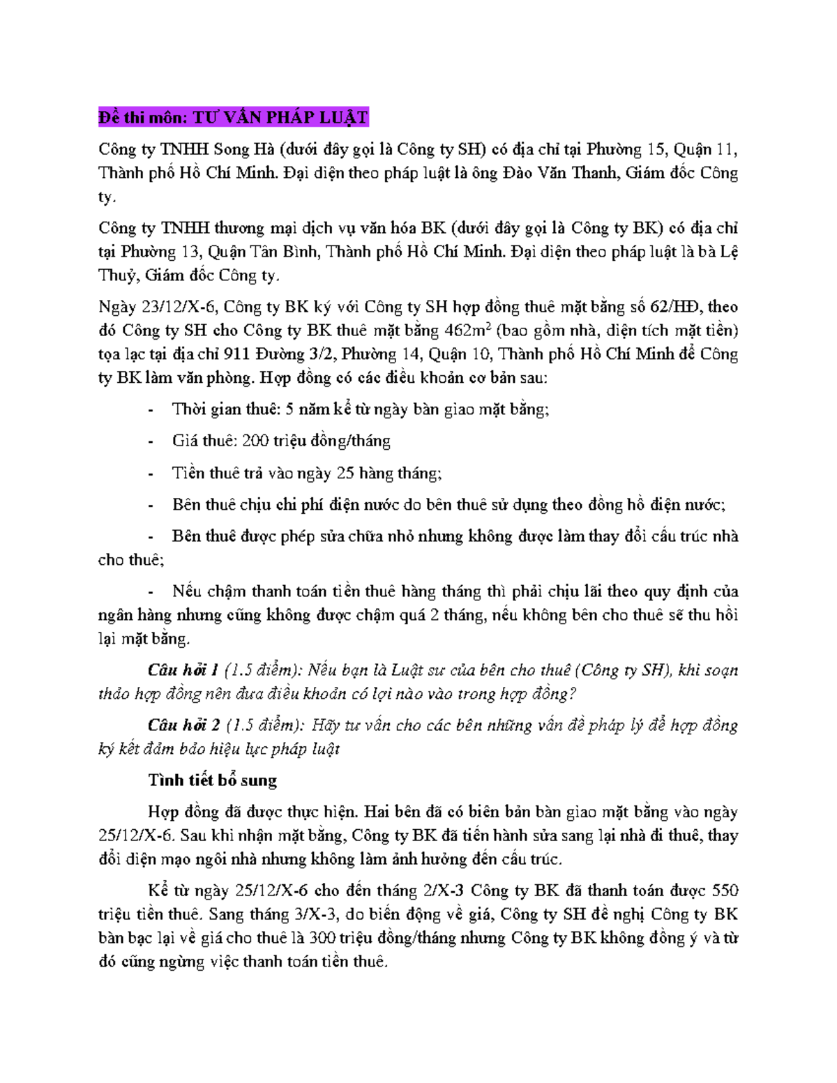 MẪU ĐỀ THI - 01 - Mau da thi mon Tu van - Đề thi môn: TƯ VẤN PHÁP LUẬT Công ty TNHH Song Hà ...