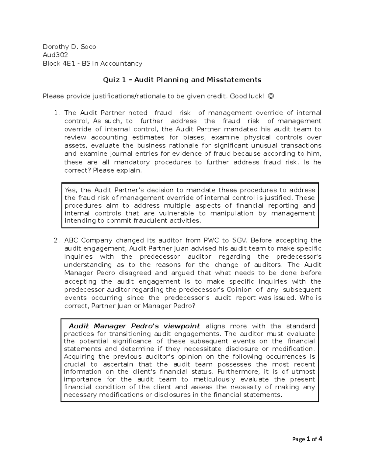 Aud302 Audit Planning and Misstatements - Dorothy D. Soco Aud Block 4E1 ...