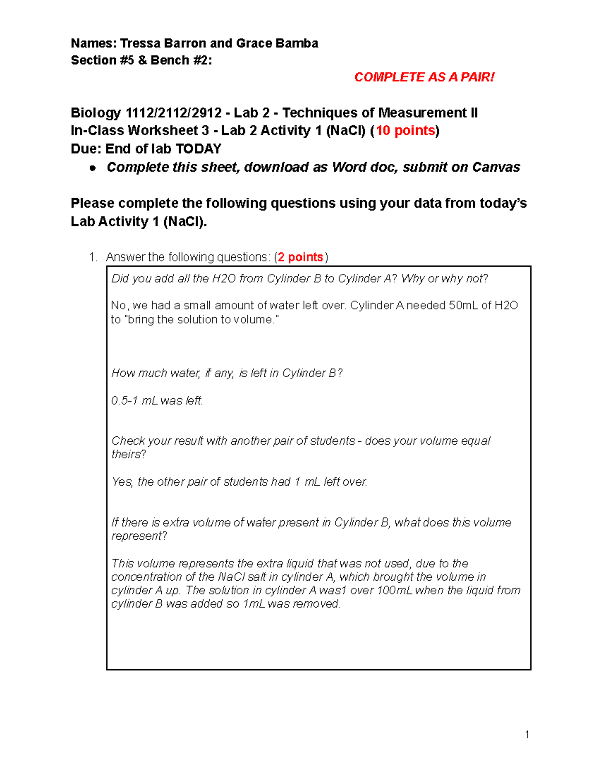 General Biology Lab 2 Activity 1 - Section #5 & Bench #2: COMPLETE AS A ...