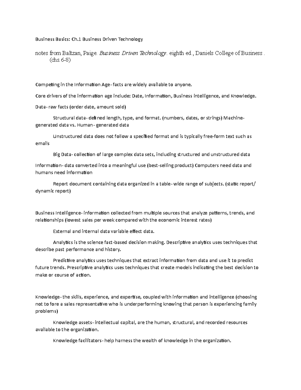 MIS 320 ch. 1 notes - week one - Business Basics: Ch Business Driven ...