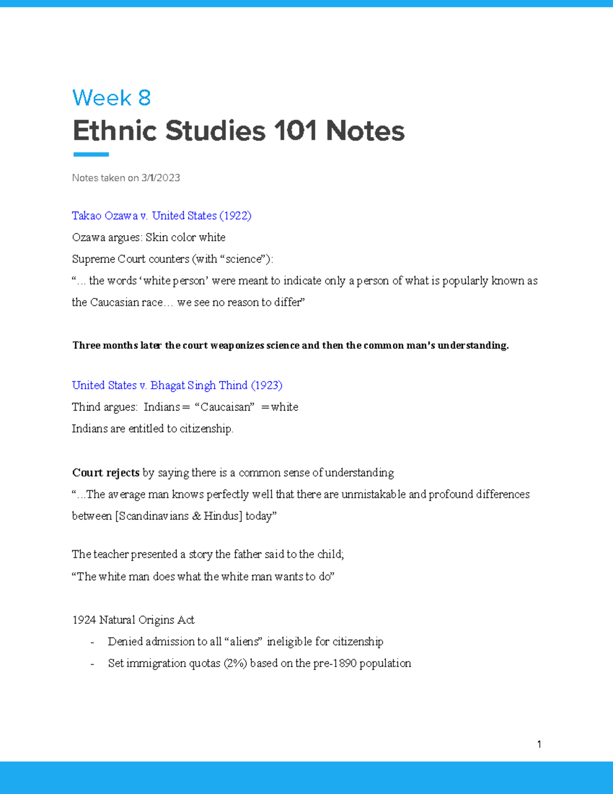 Ethnic Studies 101; Week 8 Notes - Week 8 Ethnic Studies 101 Notes ...