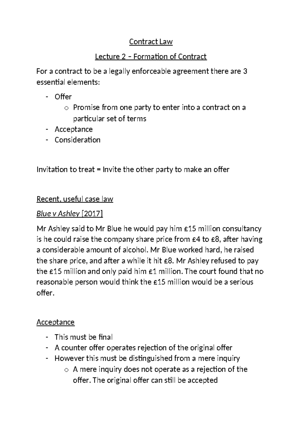 Lecture 2 notes - Contract law - Contract Law Lecture 2 – Formation of ...