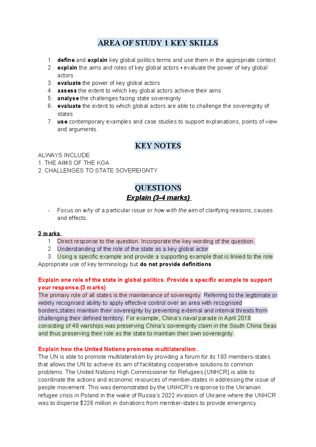 Global u3aos1 notes - AREA OF STUDY 1 KEY SKILLS 1. define and explain ...