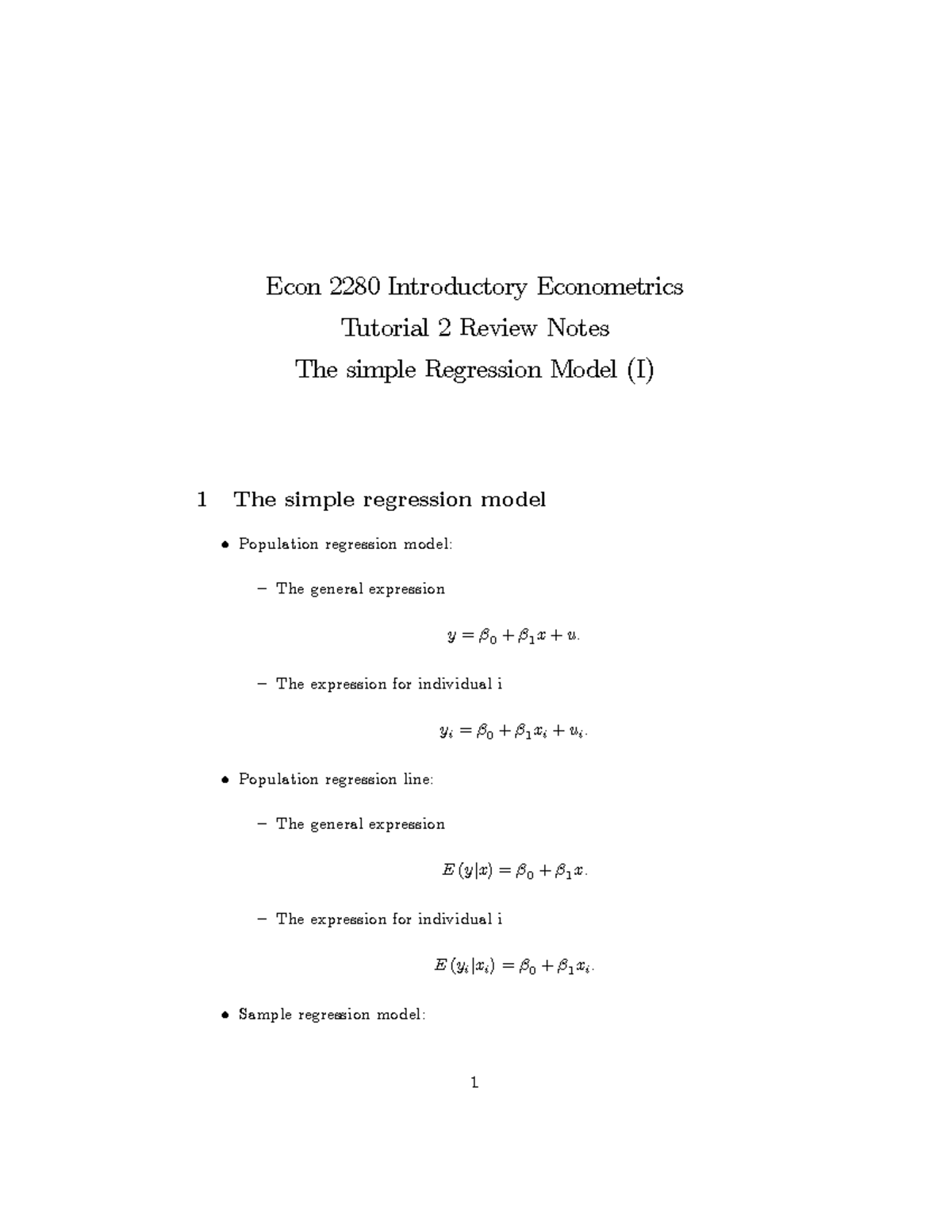 Tutorial 2 review notes - Econ 2280 Introductory Econometrics Tutorial ...