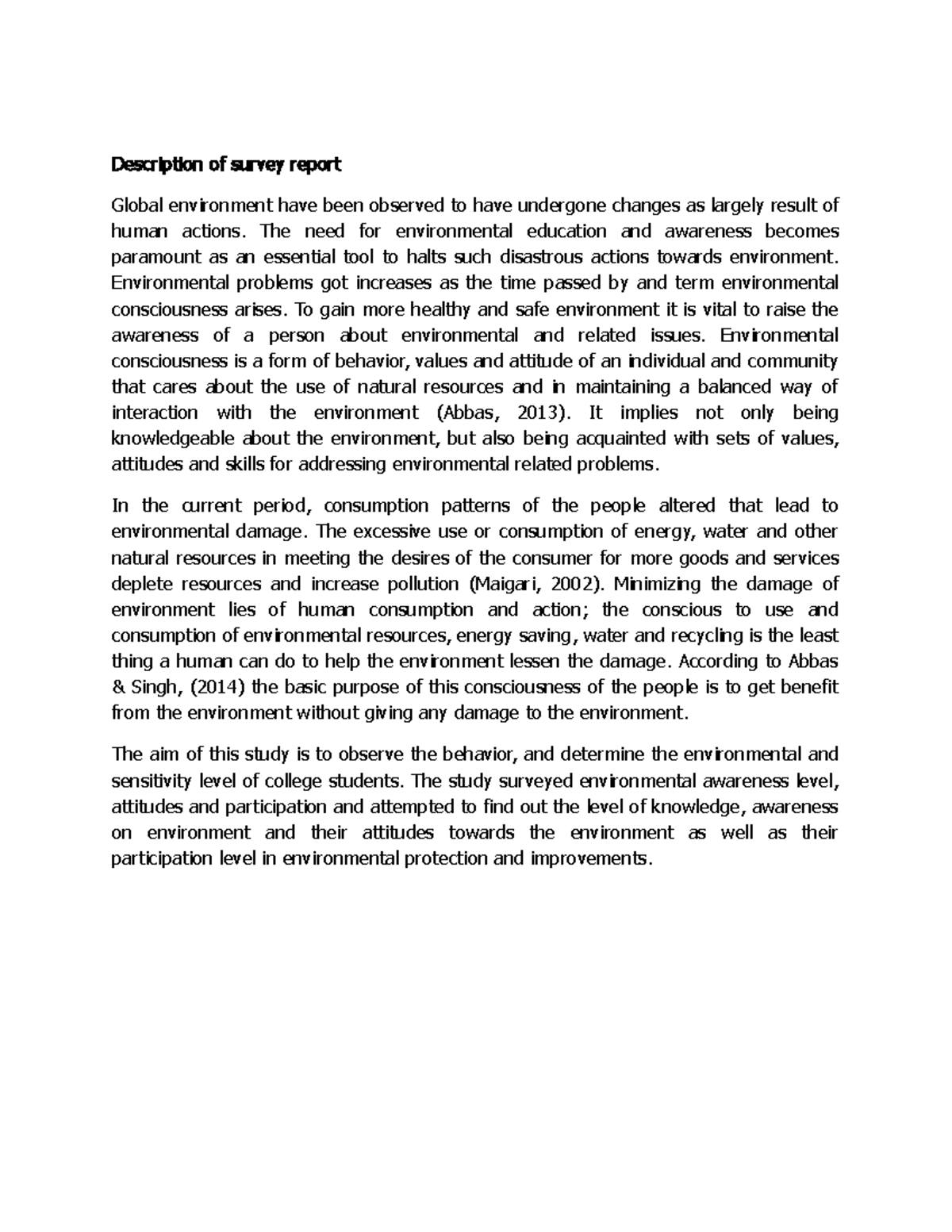 Description OF Survey Report - Description of survey report Global ...