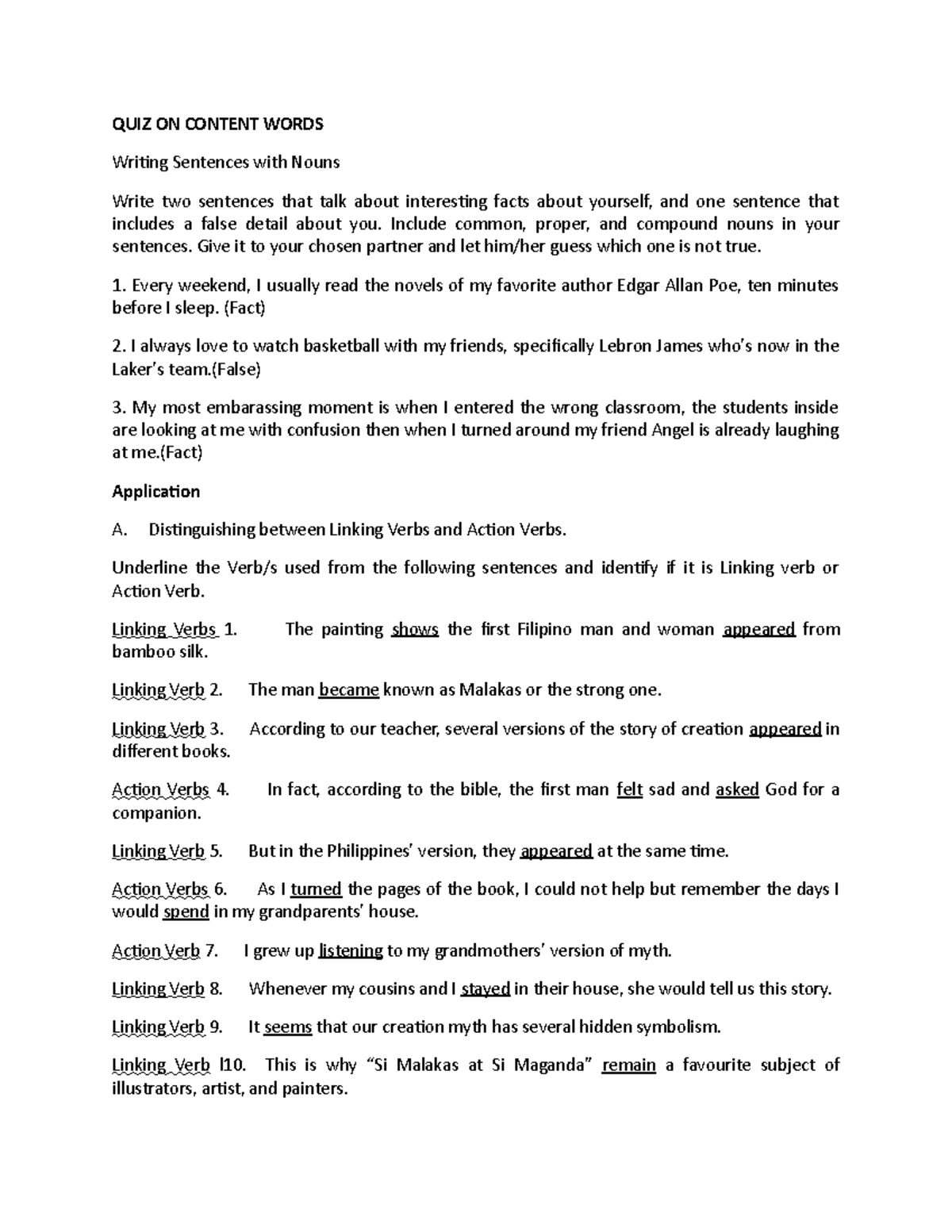 QUIZ test in English - QUIZ ON CONTENT WORDS Writing Sentences with ...